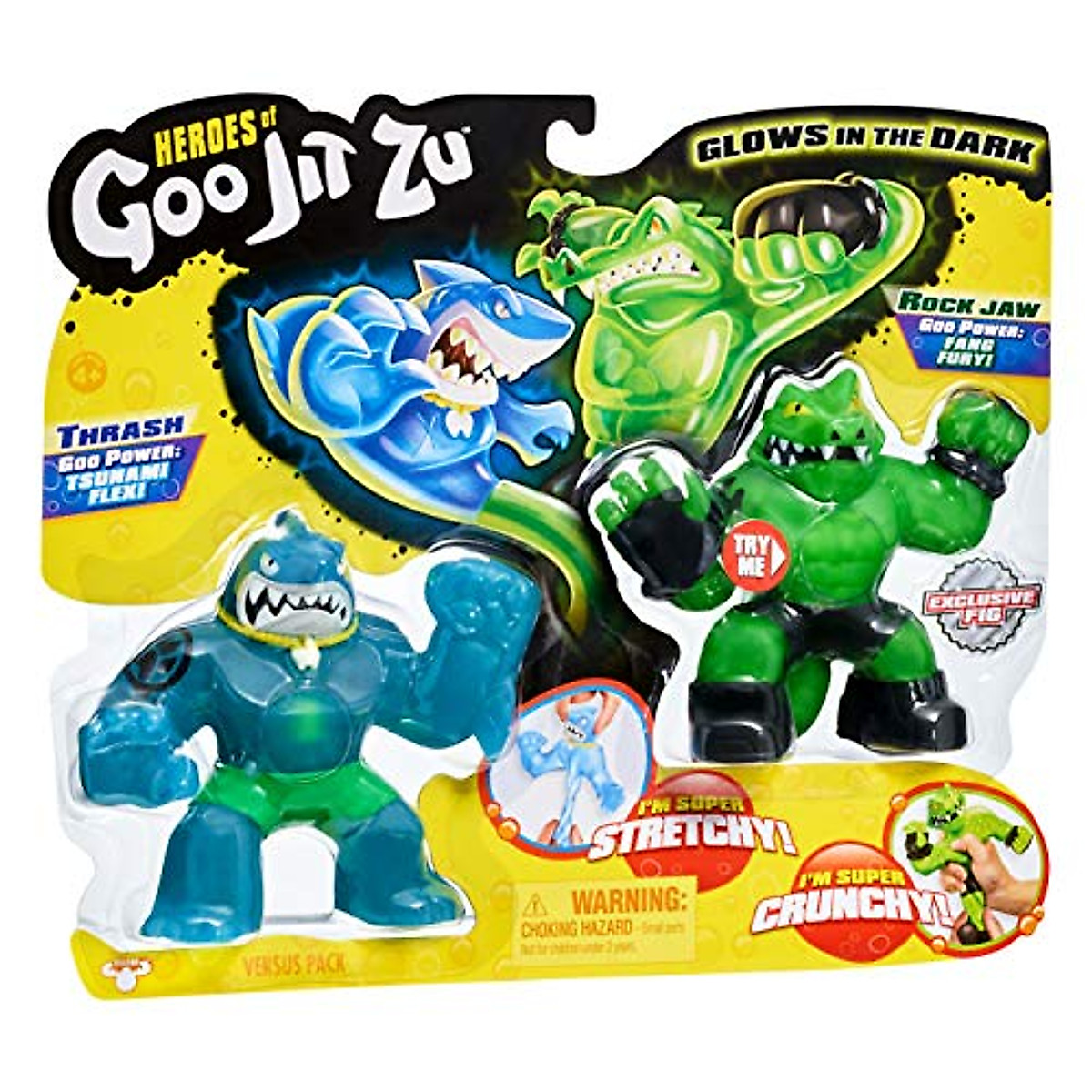 Heroes of Goo Jit Zu - 2 Pack of Glow in The Dark Action Figures, Thrash Vs Rockjaw