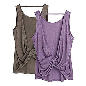 icyzone Workout Tank Tops for Women - Open Back Strappy Athletic Tanks, Yoga Tops, Gym Shirts(Pack of 2) (S, Mushroom/Lavender)