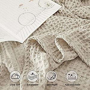 PHF Ultra Soft Waffle Weave Throw Blanket 50"x 60"- Washed Lightweight Breathable Cozy Woven Blanket for All Season - Great for Couch Bed Sofa Home Car - Light Khaki/Linen