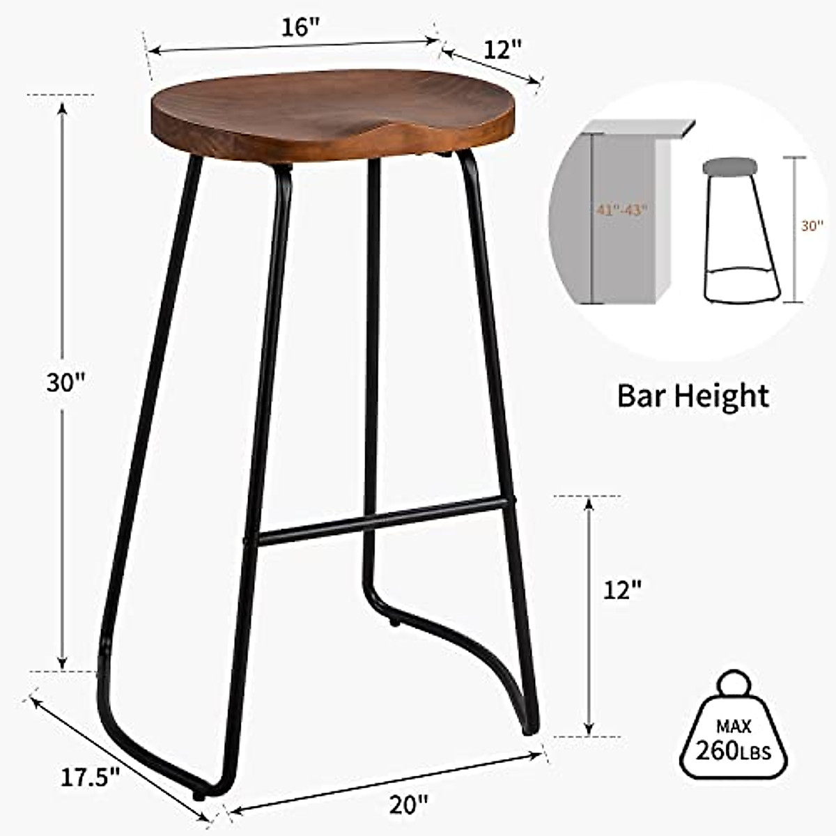 HeuGah Bar Stools, Solid Wood Barstools Set of 2, 30" Bar Height Bar Stools with Metal Leg, Rustic Backless Bar Stools for Kitchen Island, Bar Chairs with Solid Wood Saddle Seat (Walnut, 30 Inch)