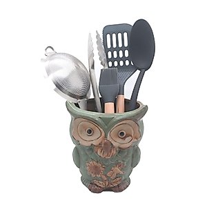 MONMOB 7.2" Ceramic Owl Utensil Holder Rustic Owl Decor Kitchen Décor Kitchen Crock Storage Cooking Utensil Crock Counter Utensil Organizer Ideal Gifts for Women, Mom or Birthdays