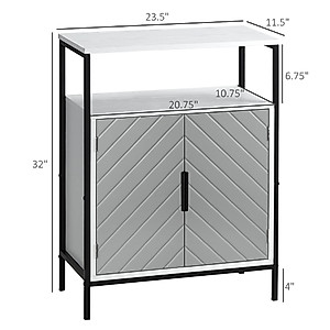 HOMCOM Storage Cabinet with Open Shelf and Double Door Cupboard, Accent Cabinet with Herringbone Panel and Steel Frame, Gray