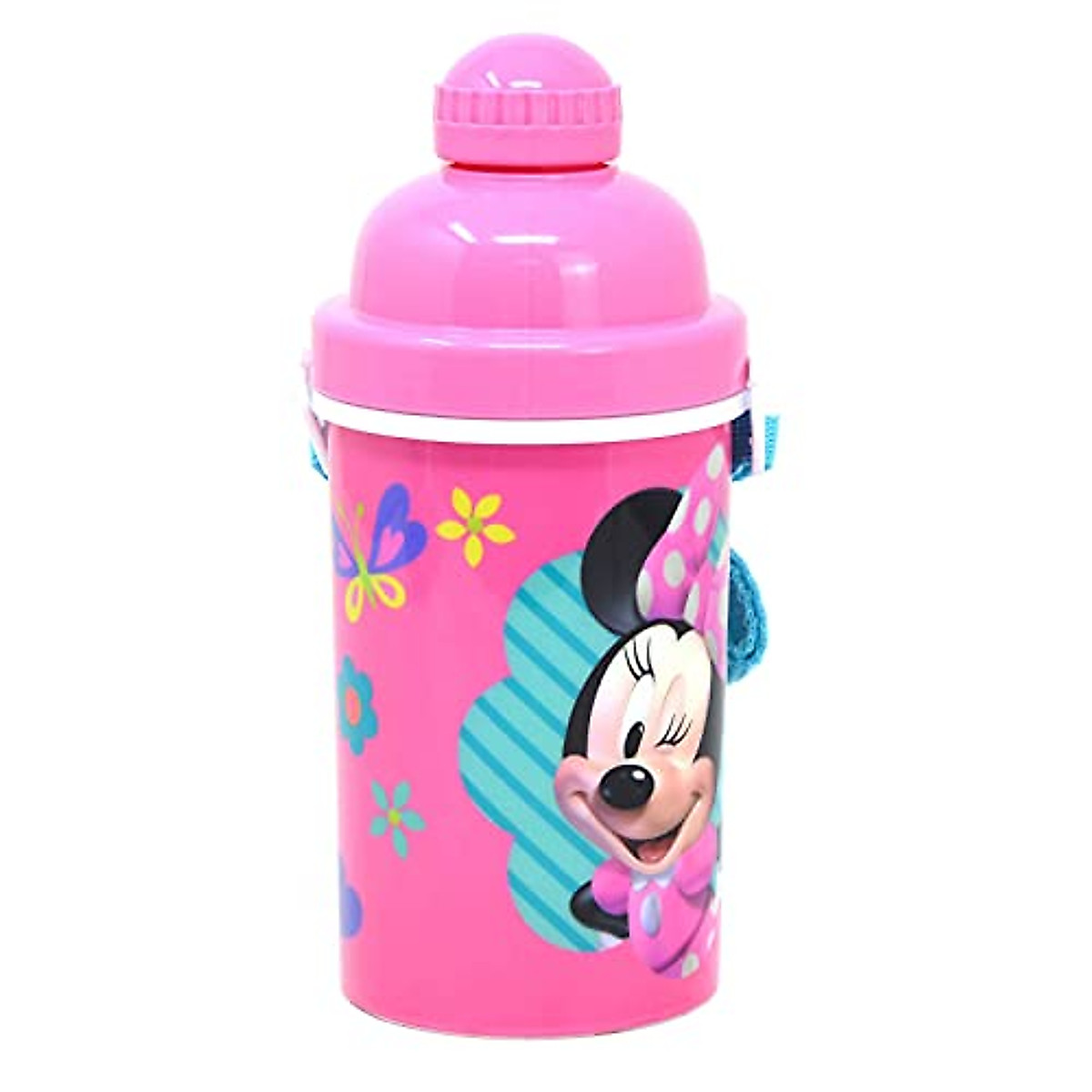 Zak Designs Disney Classic Minnie Carrying Strap One Touch Water Bottles with Reusable Built in Straw - Safe Approved BPA Free, Easy to Clean (Minnie Canteen 16.9oz)