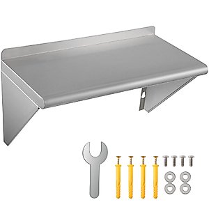 VEVOR Stainless Steel Wall Shelf, Commercial Wall Mount Shelving w/Backsplash and 2 Brackets for Restaurant, Home, Kitchen, Hotel, Laundry Room, Bar