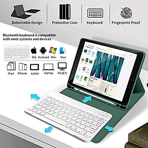 Keyboard Case for iPad 9th/8th/7th Generation 10.2 Inch 2021/2020/2019, Soft TPU Back Stand Cover Smart Case with Pencil Holder, Magnetically Detachable Wireless Bluetooth Keyboard, Dark Green
