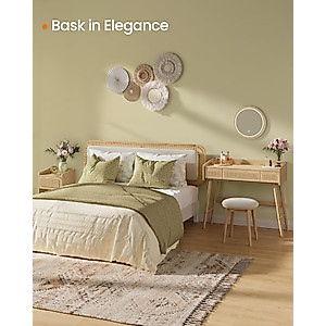 SONGMICS HOME BOHOVEN Collection - Vanity Stool, Upholstered Makeup Stool with Solid Wood Legs, Round Footstool, Non-Slip Foot Pads, Boho Style, for Bedroom, Makeup Room, Cream White and Oak Beige