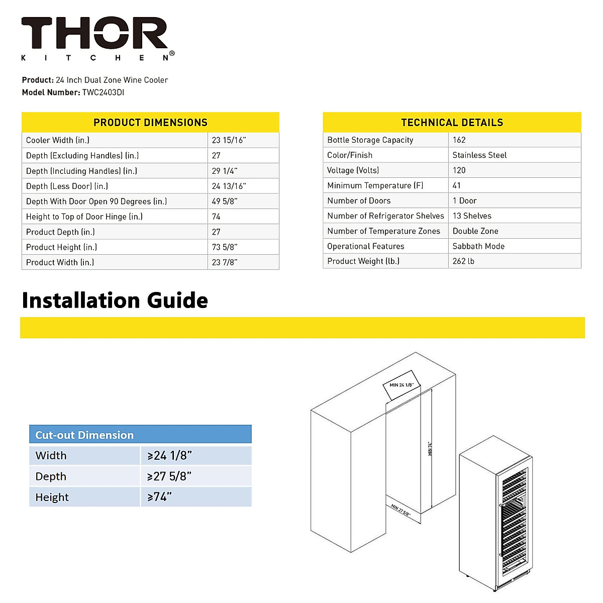 THOR Kitchen Freestanding 24-Inch Dual Zone Wine Cooler in Stainless Steel - Model TWC2403DI