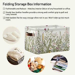 Large Storage Basket Flowers Herbs Wildflowers Botanical Cube Storage Bin Canvas Fabric Organizer Handles Collapsible for Clothes Toys Bedroom Decorative
