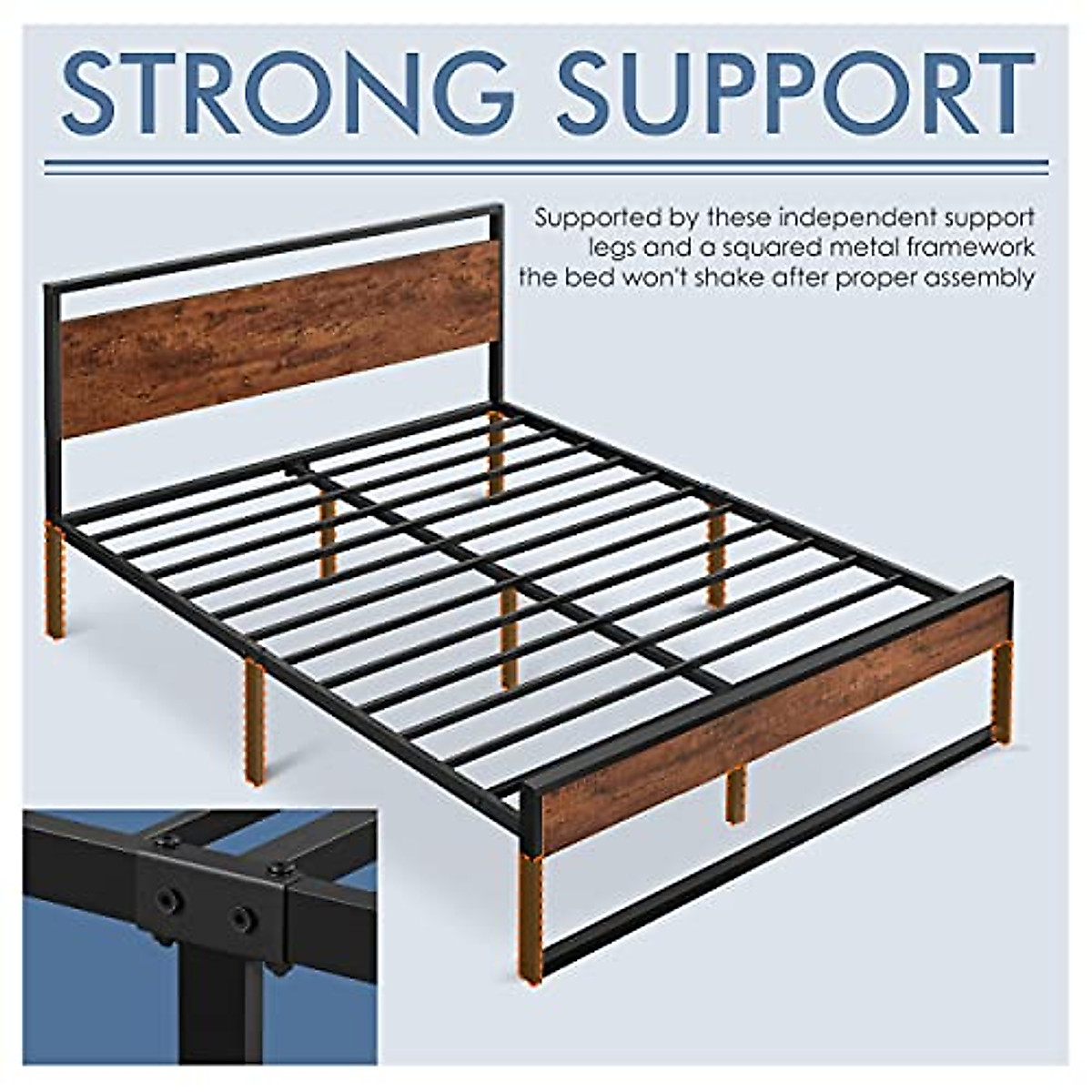 Yaheetech Queen Metal Platform Bed Frame with Rustic Wooden Headboard and Footboard, Mattress Foundation/No Box Spring Needed/12 Inch Underbed Storage/Slats Support/No Noise/Easy Assembly, Mahogany