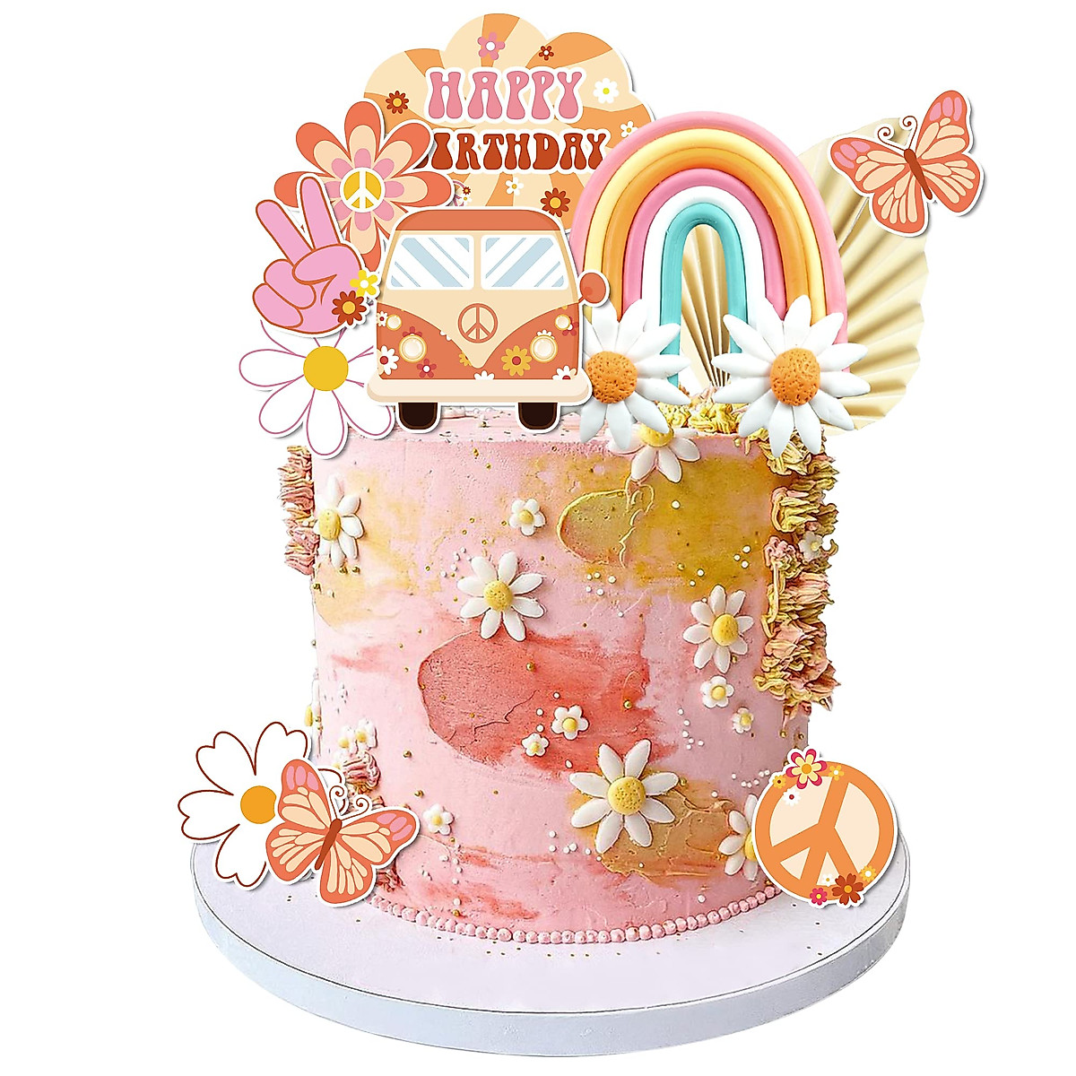 15 PCS Groovy Cupcake Toppers Boho Rainbow Cake Topper Hippie Party Decorations with Flower Bus Happy Birthday for Girl 2nd Birthday Party 60s Theme Boho Groovy Party Supplies (Bohemia)