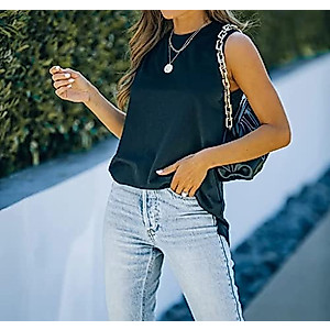 Dressmine Women's Tank Tops Loose Fit Crew Neck Sleeveless Summer Top Shirts Side Split Tunic Black XX-Large