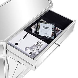 VINGLI Mirrored Cabinet, Mirrored Nightstand, Mirrored Dresser Accent Chest, Large Mirror Nightstand with 1 Drawer and Two Doors, 27.5”W x 13.4”D x 27.5”H, Mirror