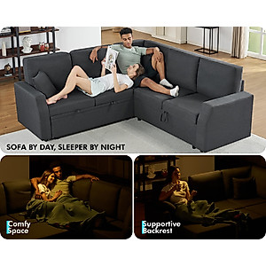 VanAcc Sofa Bed, 85 Inch Sleeper Couch with Storage Seat, L Shaped Sofa with Pull Out Sofa Bed, Sectional Couches for Living Room Apartment, Grey Linen Couch Sofa