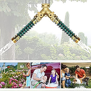 Brass Garden Hose Splitter 2 Way, All Body Metal Heavy Duty Water Splitter Y Way with 2 Hose Protectors Kink Free Hose Extension 6 Rubber Washers