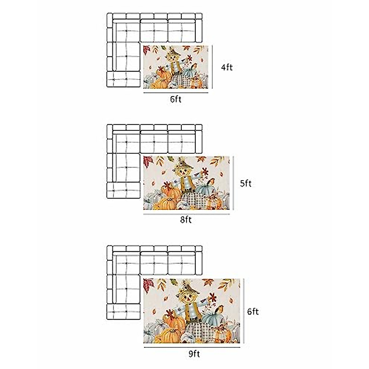 Outdoor Rug 4' x 6', Fall Scarecrow Large Area Rugs for Patio/RV/Deck/Porch/Indoors, Thanksgiving Pumpkin Autumn Leaves Water Absorption Camping Rug Carpet, Lightweight Washable Rug Runners