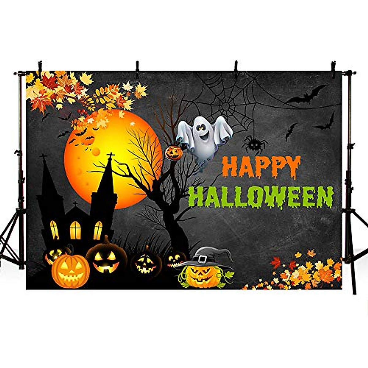 MEHOFOTO Happy Halloween Backdrops for Photography Pumpkin Ghost Halloween Eve Maple Leaves Full Moon Banner Black Evening Birthday Party Decoration Photo Studio Booth Background Props7x5ft