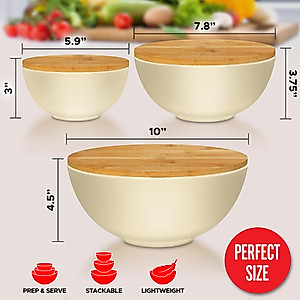 Large Bamboo Salad Bowl Set with Cutting Board Lids and Serving Utensils - Small, Medium and Big Salad Bowl with Lid - White Dish Set - Bamboo Mixing Bowls Set for Chips, Dip, Fruit, Popcorn, Parties
