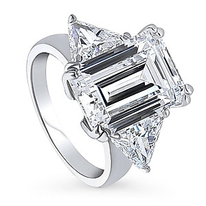 BERRICLE Sterling Silver 3-Stone Wedding Engagement Rings Emerald Cut Cubic Zirconia CZ Statement Cocktail Anniversary Ring for Women, Rhodium Plated Size 7