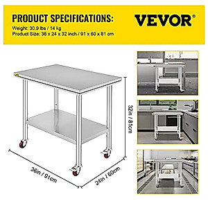 Mophorn Stainless Steel Work Table 36x24 Inch with 4 Wheels Commercial Food Prep Worktable with Casters Heavy Duty Work Table for Commercial Kitchen Restaurant