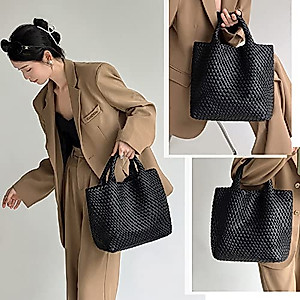 KALIDI Woven Tote Bag, Women Macaron Soft Leather Weave Handbag Purse Wrist Bag Large Capacity Work Shopping Travel Daily
