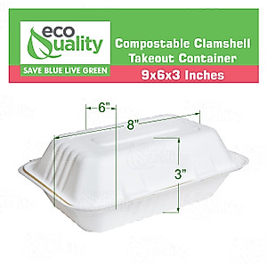 Compostable Rectangular Hinged Clamshell Take Out Food Containers 9x6x3,Heavy Duty Quality Disposable to go Containers, Single Compartment Eco-Friendly Takeout Box, Restaurants, Food Trucks (25)