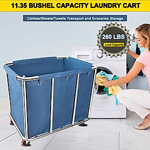 Graywlof Commercial Laundry Cart with Wheels,11.35 Bushel Large Laundry Cart,Heavy Duty Stainless Steel Commercial Laundry Hampers Laundry Basket with Waterproof Lining,260 Lbs Load