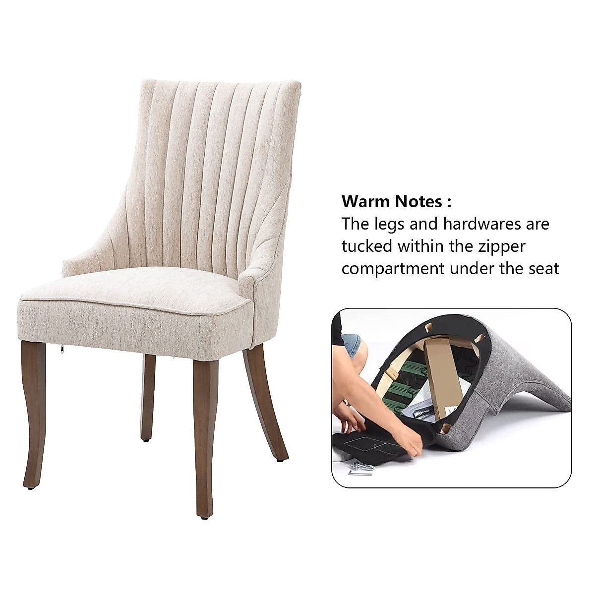 mikibama Linen Dining Chairs Set of 2 Channel Tufted Kitchen Dinner Chair Comfy Fabric Upholstered Accent Chair for Dining Room with Solid Wood Legs (Beige)