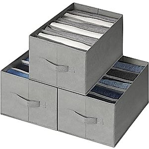 Large Wardrobe Clothes Organizer, 3 Pack 17 Grids Closet Organizers and Storage with Handles, Foldable Fabric Drawer Organizers Dividers for Clothing, Jeans, Sweater, Bras (14.2X9.8X7.9, Grey)