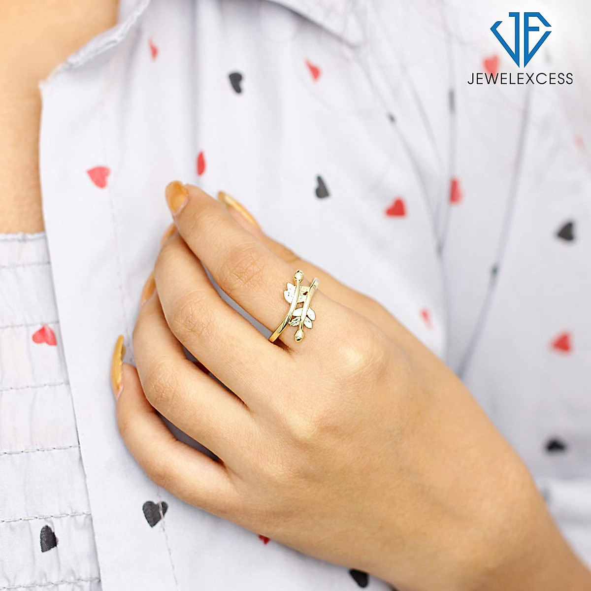 JEWELEXCESS 14K Gold over Silver Leaf Friendship Ring for Women | Dainty 14k Gold over Silver Promise Ring For Women | Stackable Silver Open Band Olive Branch Ring For Women