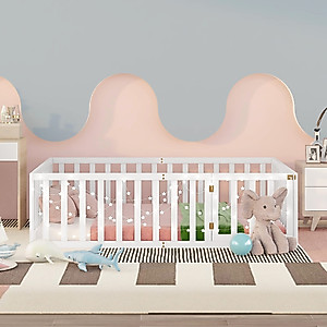 Bellemave Full Size Floor Bed for Kids, Montessori Bed Frame with Fence-Shaped Guardrails and Door, Wooden Floor Full Bed for Kids, Toddler, Boys Girls (White, Full Size)