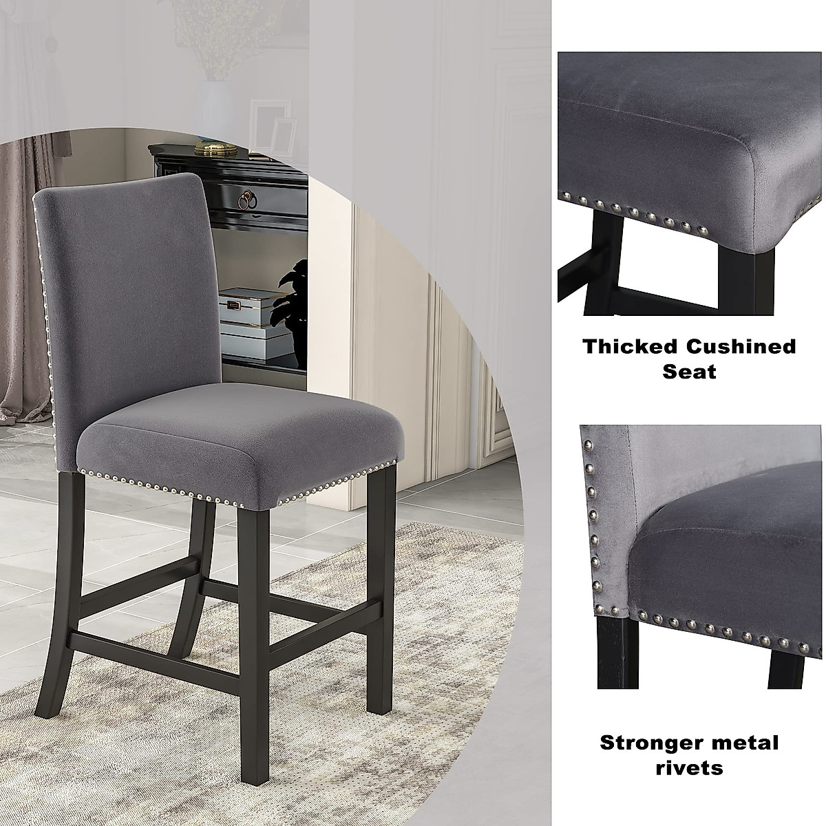 Merax Dining Table Set for 4, Counter Height Dining Table Set with Faux Marble Dining Table and 4 Upholstered-Seat Chairs, 5 Piece Dining Room Table Set for Kitchen and Living Room Furniture, Gray