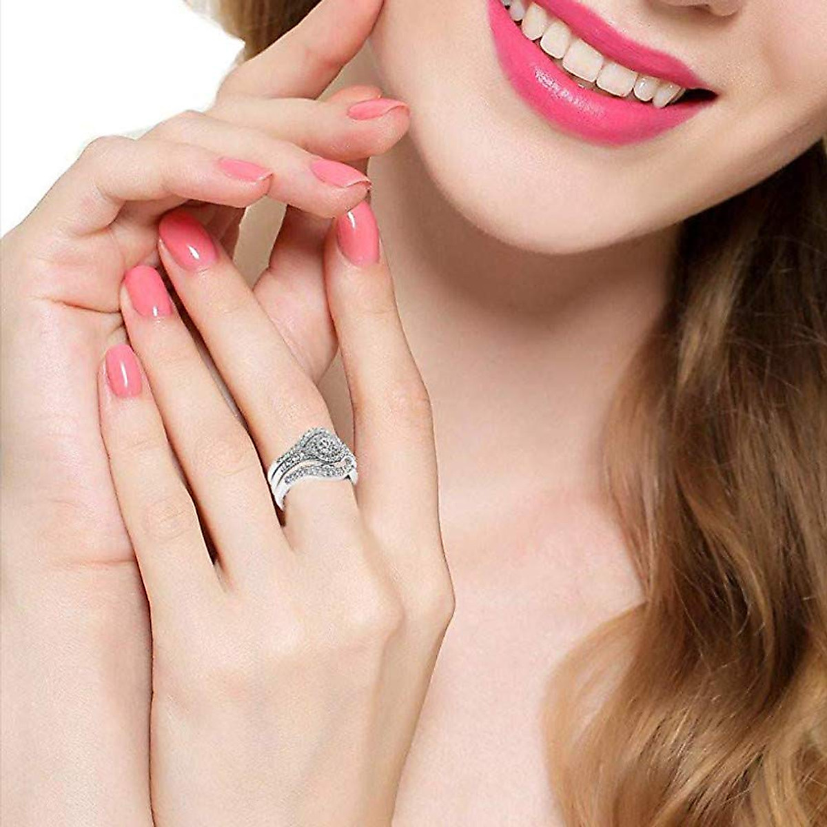 Uloveido White Gold Plated Cubic Zirconia Wedding Ring 3 Sets Stackable Rings Engagement Bridal Band Solitaire Accent RA0346 (Size 7)