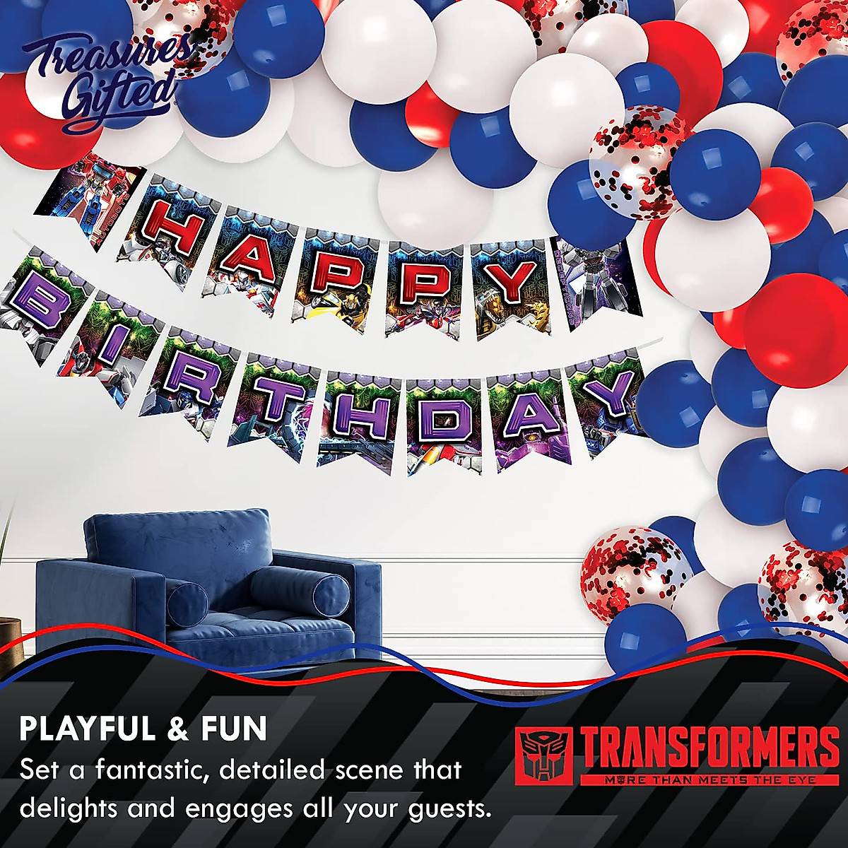 Treasures Gifted Officially Licensed Transformers Birthday Banner - Transformers Party Supplies - Transformers Happy Birthday Banner - Transformers Birthday Party Supplies - Transformers Banner