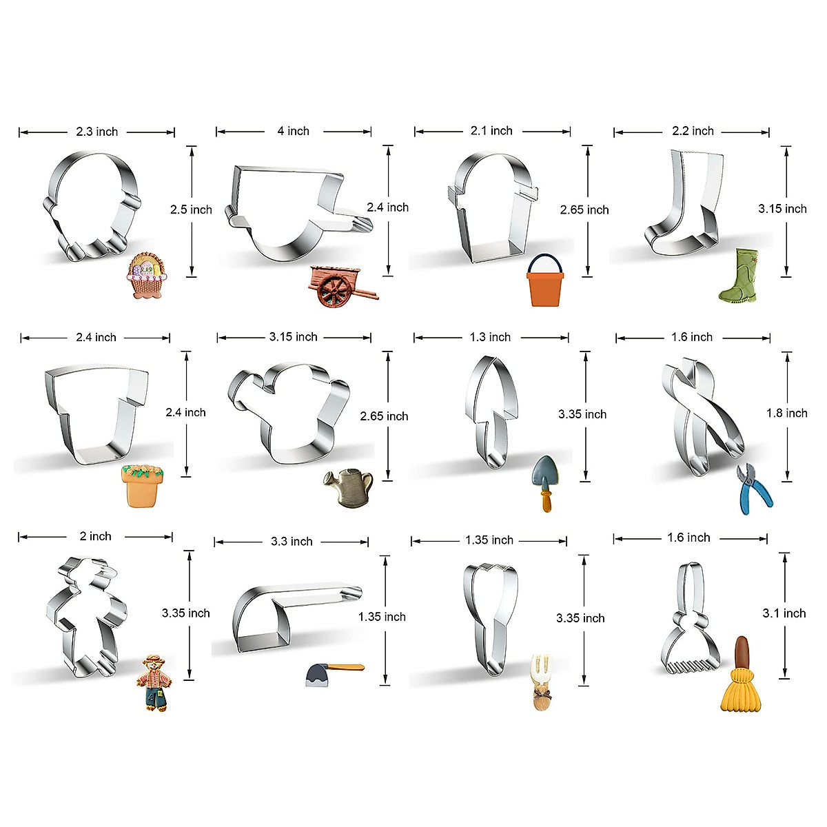 Garden Tool Cookie Cutter Set 12-Piece Farm Tools Cookie Cutters Shapes for Kids - Scarecrow Watering Can Rain Boot Basket Bucket Flower Pot Shovel Scissor Pickaxe Broom Garden Cookie Cutters Molds
