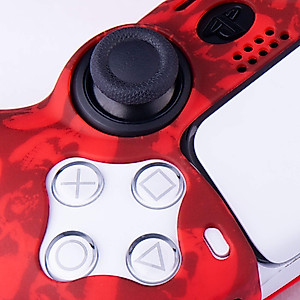 9CDeer 1 Piece of Silicone Transfer Print Protective Cover Skin + 10 Thumb Grips for PlayStation 5 / PS5 Controller Skull Red