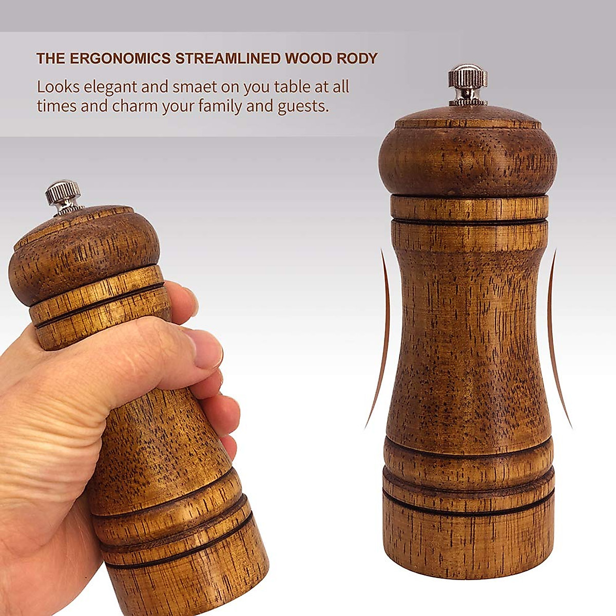 EpinItd Wooden Pepper Mill, Ceramic Burr Adjustable Coarseness Pepper Grinder, Durable Manual Spice Pepper Mills Easily Refillable and Great Use, 5 Inch Brown