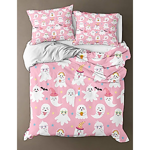 Halloween Bedding Set Queen Funny Pupmkin Duvet Cover Set Halloween Theme Pattern Design Trick or Treat Comforter Cover Grey Halloween Bedding Sets (Queen, Gray)