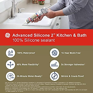GE Advanced Silicone Caulk for Kitchen & Bathroom - 100% Waterproof Silicone Sealant, 5X Stronger Adhesion, Shrink & Crack Proof - 10 oz Cartridge, Clear, Pack of 1