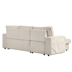 Corduroy Upholstered Convertible Sleeper Sectional Couch Pull Out Sofa Bed ,4 Seater L Shaped Corner Sofa&Couch Sofabed with Reversible Storage Chaise Lounge and Cupholders for Living Room Office