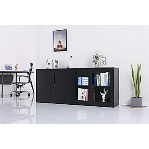 MECOLOR FURNITURE Metal Office File Cabinet with Door and Lock Height Adjustable (Black, 30 inch Glass Door)