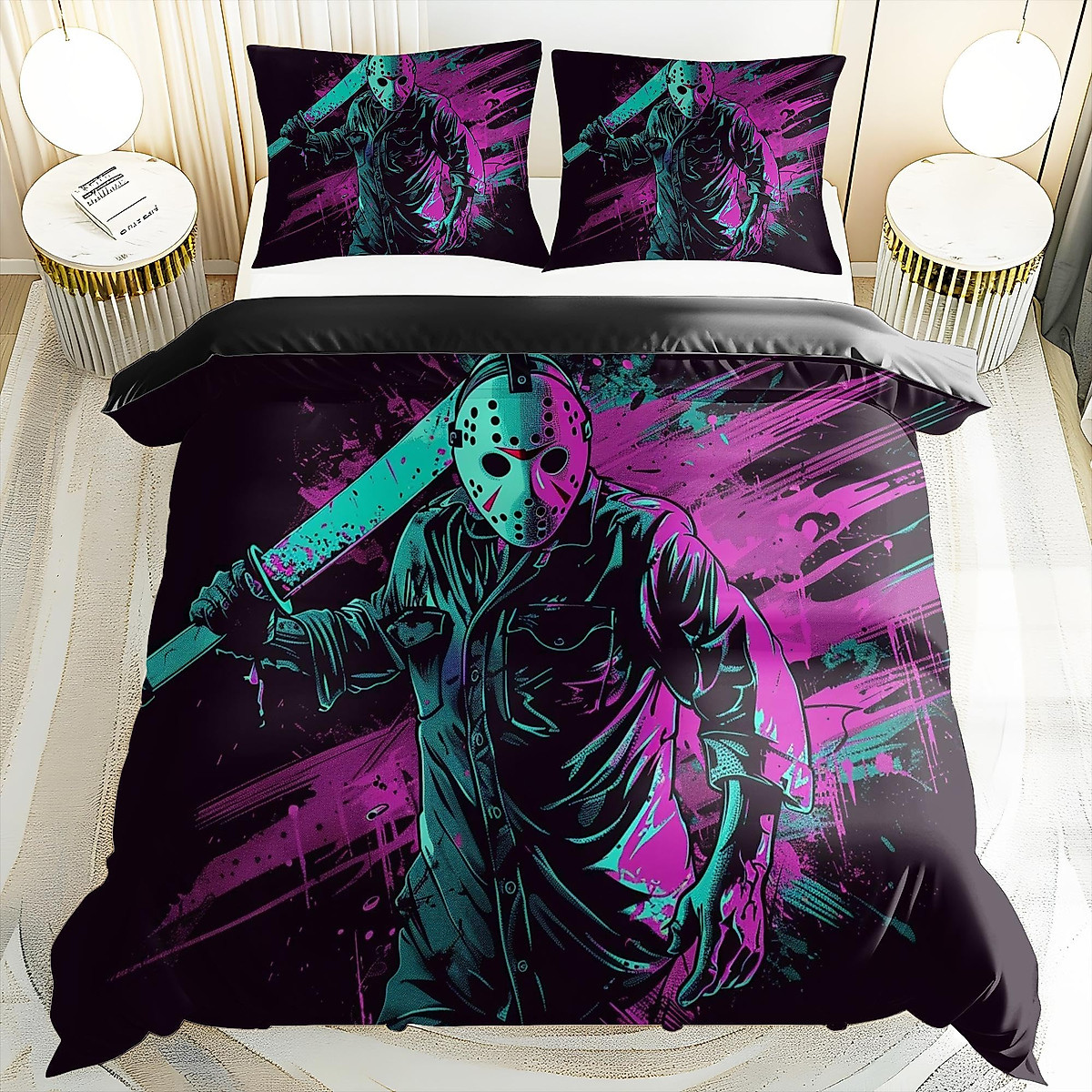 Horror Movie Printed Duvet Cover Horror Bedding Set Killer Demon Halloween Quilt Cover for Teens Adult Room Decoration (style3,Full 79x90in + 20x30in)