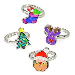 FUN JEWELS VALUE PACK Set of 4 Santa, Christmas Tree, Stocking, Reindeer Color Change Kids Mood Ring, Size Adjustable, Christmas Toy Stocking Stuffer For Boys and Girls Christmas Gifts