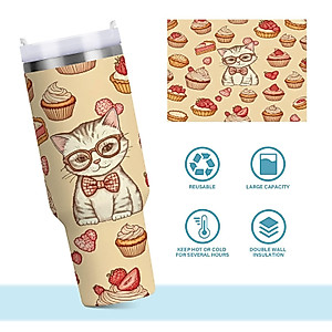 Msyxl 30 oz Insulated Stainless Steel Tumbler with Handle and Straw Lid - Leak-proof Coffee Mug for Men Women, Travel Mug Fits Cup Holder (Cat Cakes)