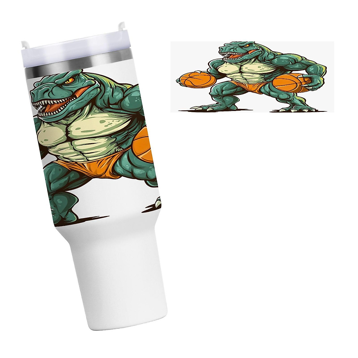 Jihqo Dinosaur Playing Basketball 40 oz Stainless Steel Vacuum Insulated Tumbler with Handle and Straw Lid Reusable Leakproof Water Bottle Double Wall Travel Mug Coffee Cup, Cupholder Friendly