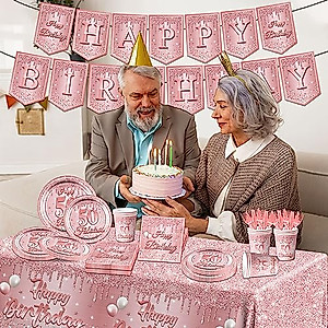 50th Birthday Rose Gold Supplies,142pcs Glitter Pink Rose Gold Tableware Include 50th Birthday Plates and Napkins Cups,Rose Gold Tablecloth Happy Birthday Banner for Women Happy 30th Birthday