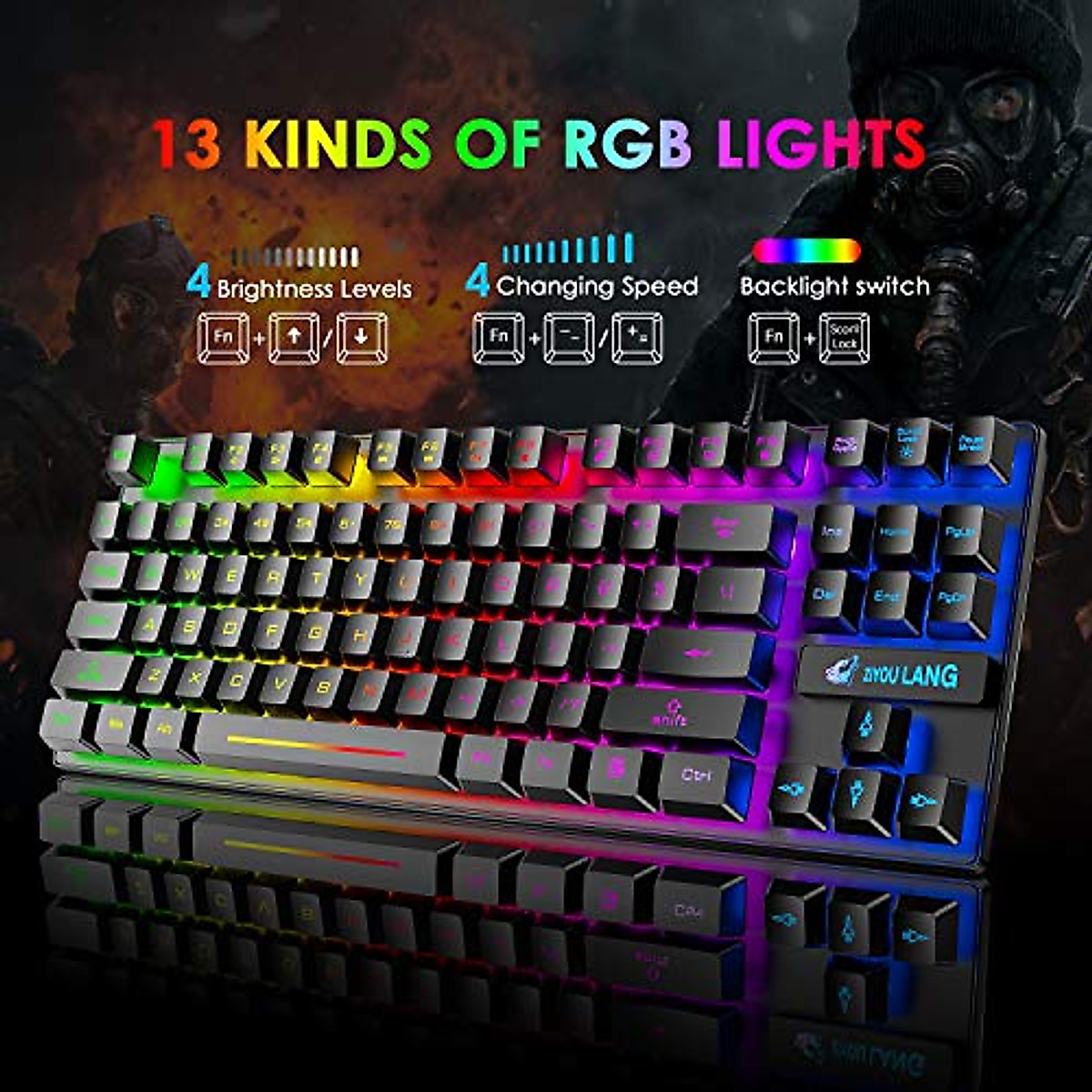 RGB Gaming Keyboard and Mouse Combo, 87 Keys USB Wired Rainbow Keyboard and Lightweight Gaming Mouse, 6400 DPI Adjustable, 6 Programmed Buttons, for Laptop PC Computer Game and Work