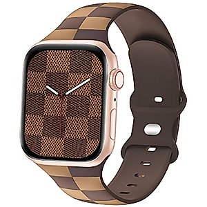 Luxury Checkered Designer Bands Compatible with Apple Watch Band 42mm 44mm 45mm Women Men,Soft Silicone Sport Strap Replacement Wristbands for iWatch Series 7 6 5 4 3 2 1 SE,Luxury Brown