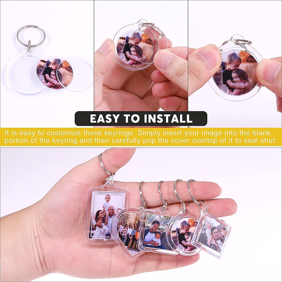 Mardatt 40Pcs Clear Acrylic Blank picture Photo frame keychain Personalized photo insert keychain bulk, Rectangle, Heart-Shaped, Round, Square and Rhombus Great for Personalized Keychains DIY Gift