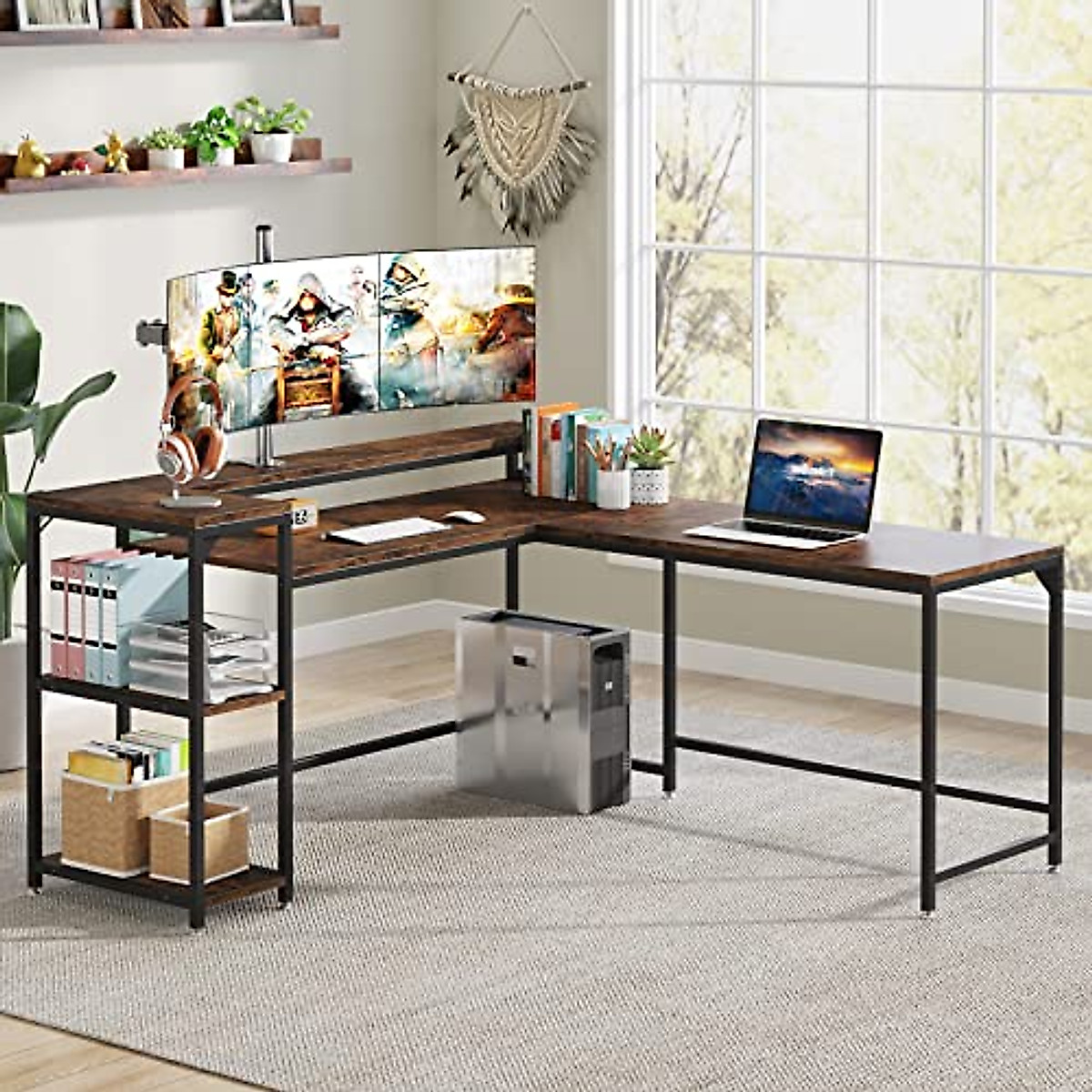 Tribesigns L Shaped Desk with Monitor Stand and Storage Shelves, Farmhouse Corner Computer Desk with Hutch, Crafting Gaming Table for Home Office, Rustic Style