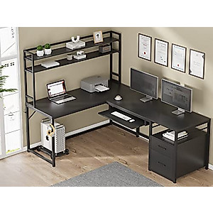 SEDETA L Shaped Desk with Hutch, Home Office Desk with File Drawers, 94.4 Inches Two Person Desk, Corner Computer Desk with Keyboard Tray, Monitor Stand, Storage Shelves, Gaming Desk, Black